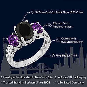 Gem Stone King 925 Sterling Silver Black Onyx and Purple Amethyst 3-Stone Ring For Women (2.53 Cttw, Gemstone Birthstone, Available In Size 5, 6, 7, 8, 9)