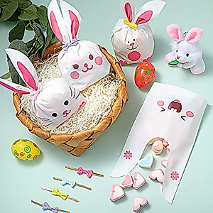 100 Pcs Cute Bunny Long Ear Candy Gift Bags Easter Goodie Bags Easter Bunny Gift Bag Plastic Easter Party Treat Bags with 100 Twist Tie Bow for Party Favors, Wedding Birthday Supplies