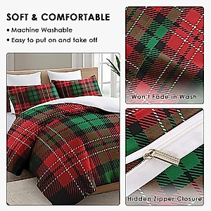 Duvet Cover Full Size, Christmas Plaid Red Green Bedding Set with Zipper Closure for Kids and Adults, Winter Geometric Woven Comforter Cover with 2 Pillow Shams for Bedroom Bed Decor