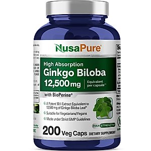 NusaPure Ginkgo Biloba Extract 12,500mg per Veggie Caps 200 Capsules (Vegetarian, Non-GMO, Vegan, Extract 50:1) Bioperine