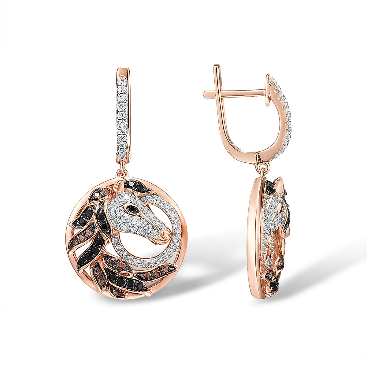 Santuzza 925 Sterling Silver Horse Dangle Earrings Black Spinel White Cubic Zirconia Animal Drop Earring 14K Rose Gold Plated Jewelry