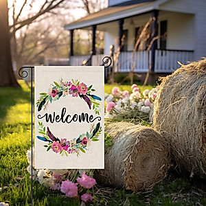 Spring Welcome Burlap Garden Flag (12x18, Double Sided) Small Mini Rustic Farmhouse Watercolor Decorative Yard Flag for Outside