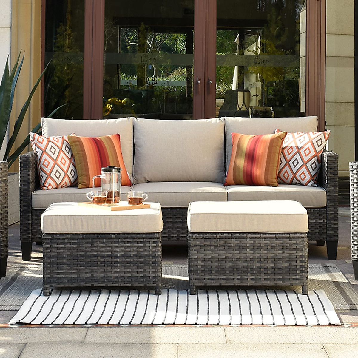 ovios Patio Furniture 3-Pieces Set, Modern All Weather Wicker Rattan Sofa Couch for Yard Porch, Beige Cushion