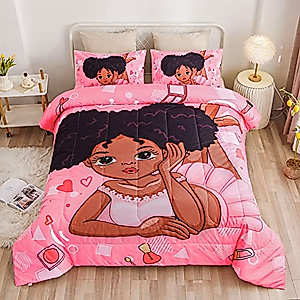 Black Girl Magic Comforter Set, African American Girls Comforter Set Full Size for Kids Teens, Black Girl Bed Set for Girls, Cute Black Girl Pink Princess Bedding Sets for Girls Bedroom Decor
