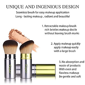 Retractable Kabuki Makeup Brushes 2 Pcs Blush Brushes Set Portable Powder Brushes with Flat and Angled Top for Liquid Cream Cosmetics Travel. (Silver Green)