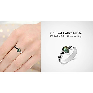 TISHAVI 1.25Cts Sterling Silver Genuine Natural Labradorite Ring For Women, Teardrop Labradorite Birthstone Ring Jewelry Gift For Women Mom Wife Girlfriend Sister