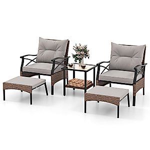 HAPPYGRILL 5 Pieces Patio Conversation Set, Outdoor Wicker Furniture Set with Armchairs, 2-Tier Coffee Table, 2 Ottomans and Cushions, Rattan Outdoor Chair Set for Backyard, Front Porch, Poolside