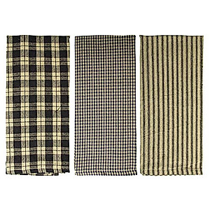 fillURbasket Black Farmhouse Kitchen Towels Set of 3 Striped Buffalo Checked Plaid Dish Towels Black and Tan Towels for Decor Dishing Drying Cotton 15”x25”