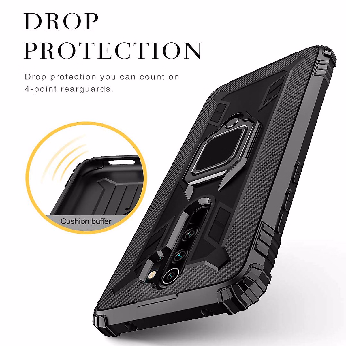 Avesfer for Xiaomi Redmi Note 8 Pro Case with Screen Protector Tempered Glass Ring Holder Kickstand Shock Absorbing TPU Phone Cover Ring Holder Kickstand Scratch Resistant Carbon Fiber (Black)