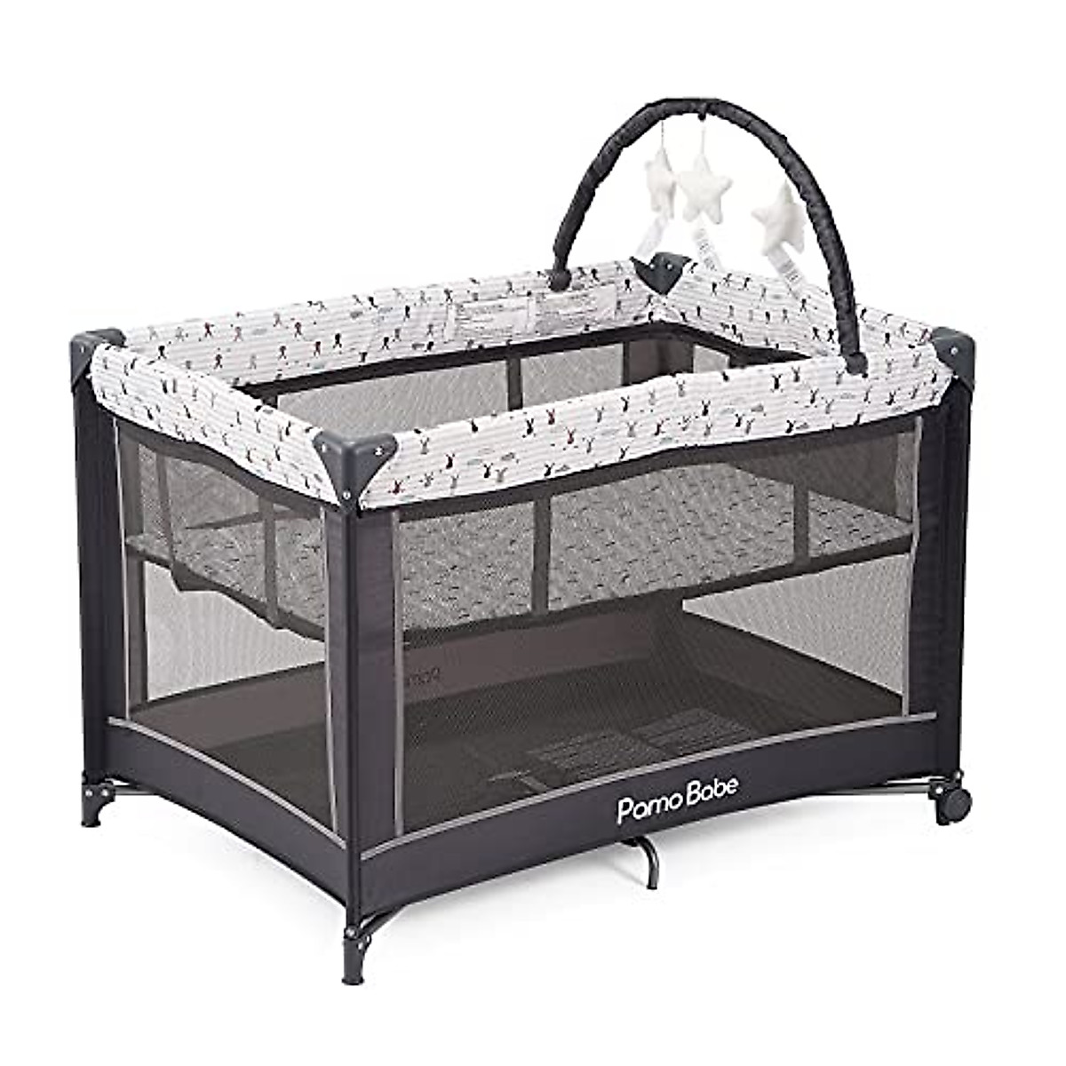 Pamo Babe Portable Playard,Sturdy Play Yard with Mattress and Toy bar with Soft Toys (Grey)…