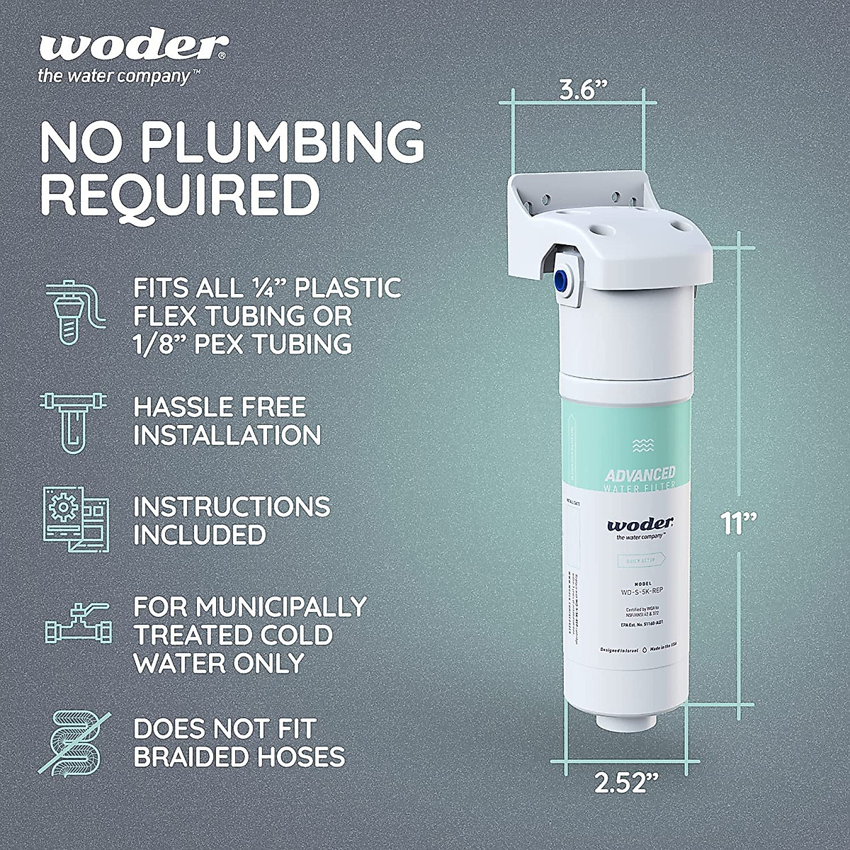 Woder WD-S-5K-ADV-JG High Capacity Advanced Inline Water Filter with ¼” John Guest Fittings - WQA Certified 5,000gal – Removes Chlorine, Lead, Chromium 6, Heavy Metals, Odors/Contaminants – USA Made