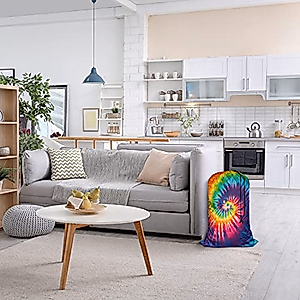 Swono Tie Dye Laundry Bag Drawstring Closure Colorful Psychedelic Rainbow Abstract Pattern Heavy Duty Laundry Portable for Home Dorm Room Essentials for Travel Camp, Oxford Cloth, Spiral