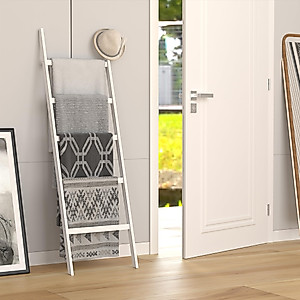 POXAKA Blanket Ladder, 5-Layer Towel Racks, Blanket Holder with Anti-Slip Construction Home Decor, Decorative Blanket, Quilt, Towel, Scarf Ladder Shelves for Living Room, Bedroom, Bathroom, White