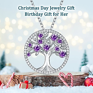 Zes-Husa February Birthstone Amethyst Jewelry Tree of Life Birthstone Pendant Necklace for Women Girls Valentines Day Gifts, Sterling Sliver Necklace Anniversary Birthday Gifts for Mom Wife