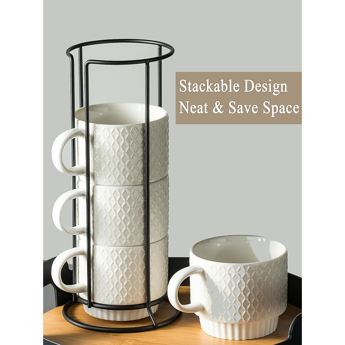 Gomakren Stackable Coffee Mugs Set with Stand, Coffe Cup with Tea Spoon 13 Ounce Cups for Cappuccino Coffee Drinks Tea, Set of 4, White Gift for Man Women 380ml