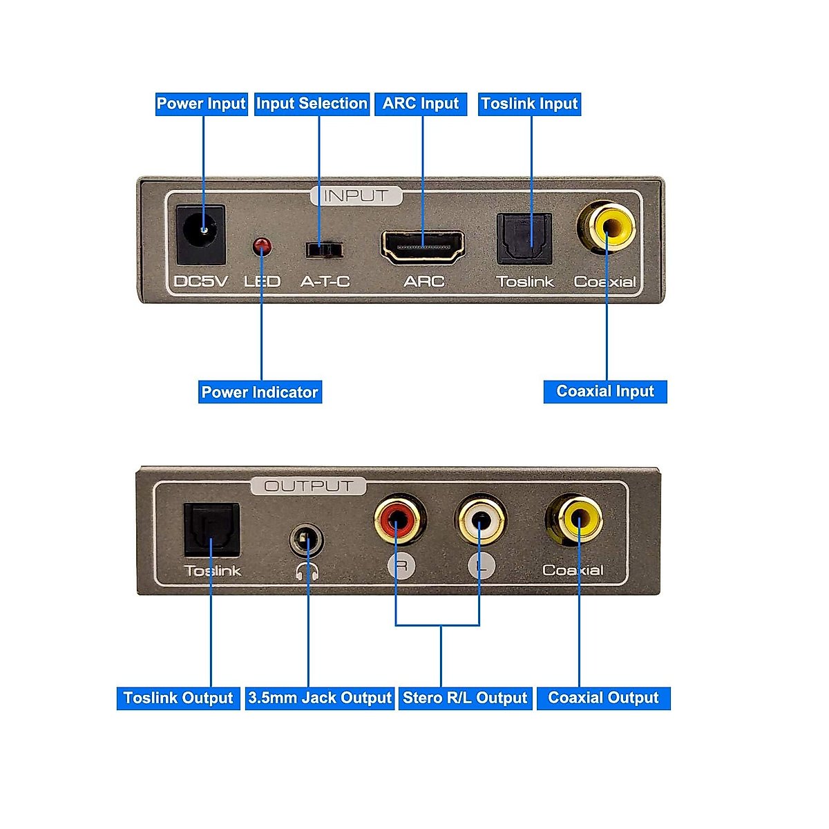 Tohilkel 192KHz Multi Function Audio Converter, HDMI ARC or Toslink (Optical,SPDIF) or Coaxial to 3.5 mm Jack Stereo R/L Toslink (Optical,SPDIF) Coaxial, Support Multi Ports Output Simultaneously