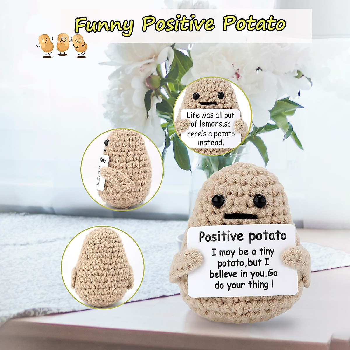 utosday Funny Positive Potato, 3 inch Cute Crochet Positive Potato Doll with Positive Card, Soft Wool Knitting Emotional Support Positive Life Potato Toy for Birthday Gifts Room Decor White Beige