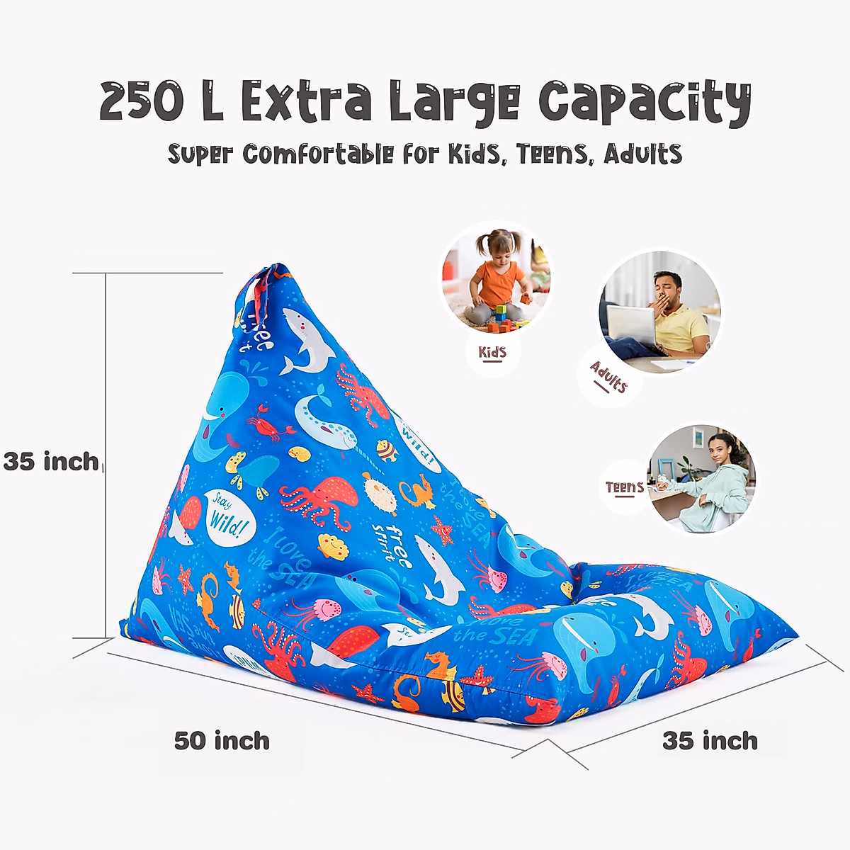Nobildonna Stuffed Animal Storage Bean Bag Chair Cover Only for Kids and Adults, Extra Large Beanbag Without Filling Plush Toys Holder and Organizer- Premium Canvas 250L (Sea Animals)