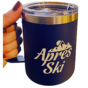 Apres Ski Travel Mug for Skiers - Leak Proof Insulated Coffee Mug with Handle & Lid - Gift for Skiers