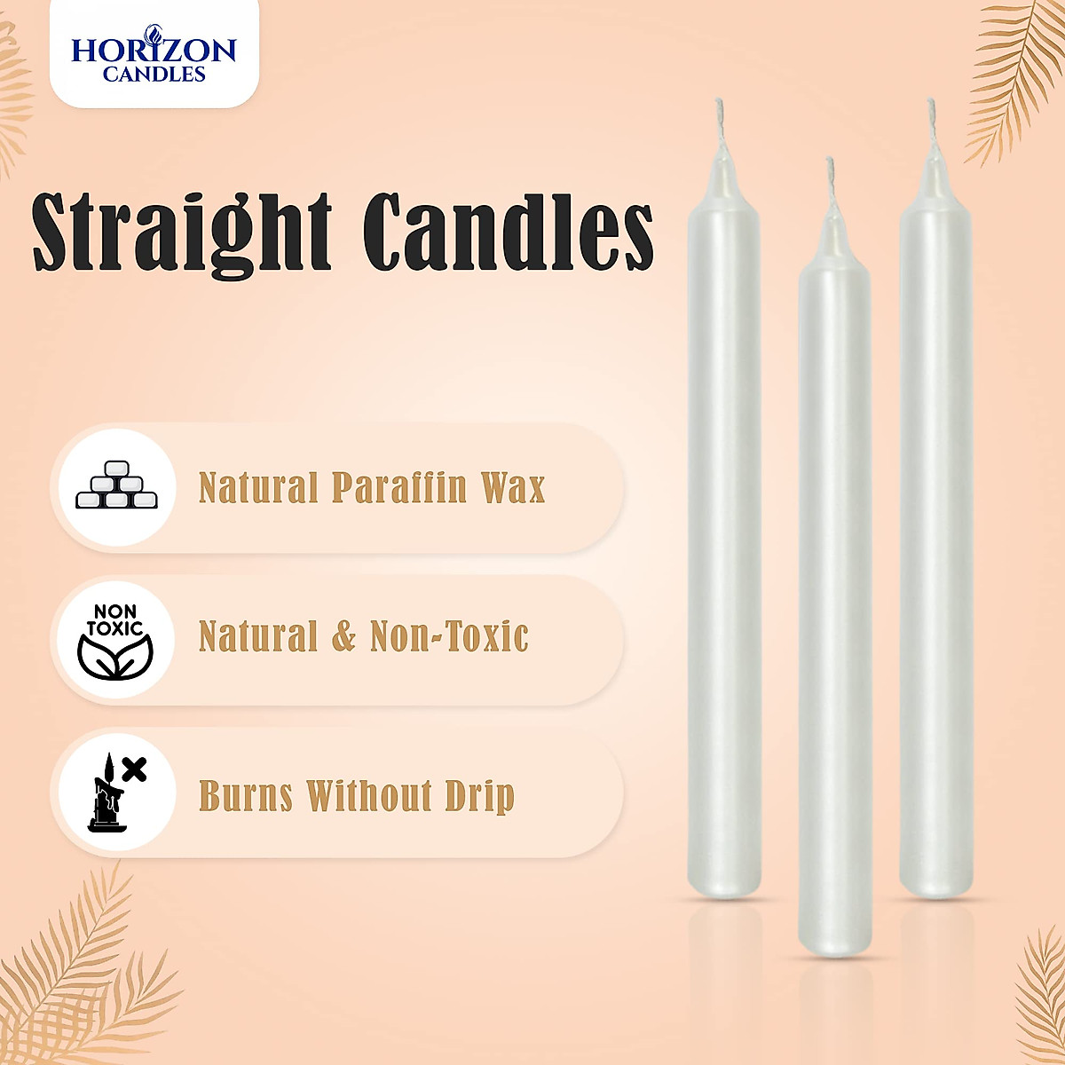 Horizon Unscented Straight Candles Pack of 10 | 9.84 Inches Tall Household Candlesticks - 10 Hours Long Burning Time for Christmas Decor, Holiday Dinners, Weddings, and Festive Parties | Pearl White
