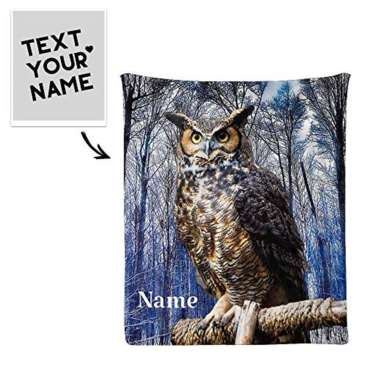 CUXWEOT Custom Blanket with Name Text Personalized Animal Owl Soft Fleece Throw Blanket for Gifts (50 X 60 inches)
