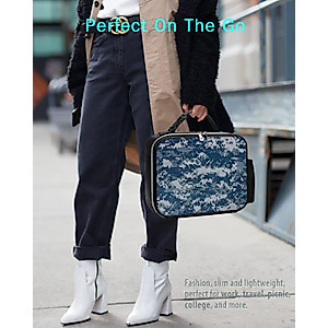 Lunch Bag for Women Men, Insulated Padded Lunch Box Container Reusable PU Leather Cooler Lunch Tote Bag with Detachable Handle and Side Pocket for Boys Girls Work, Travel, Picnic (Blue Grey Camo)