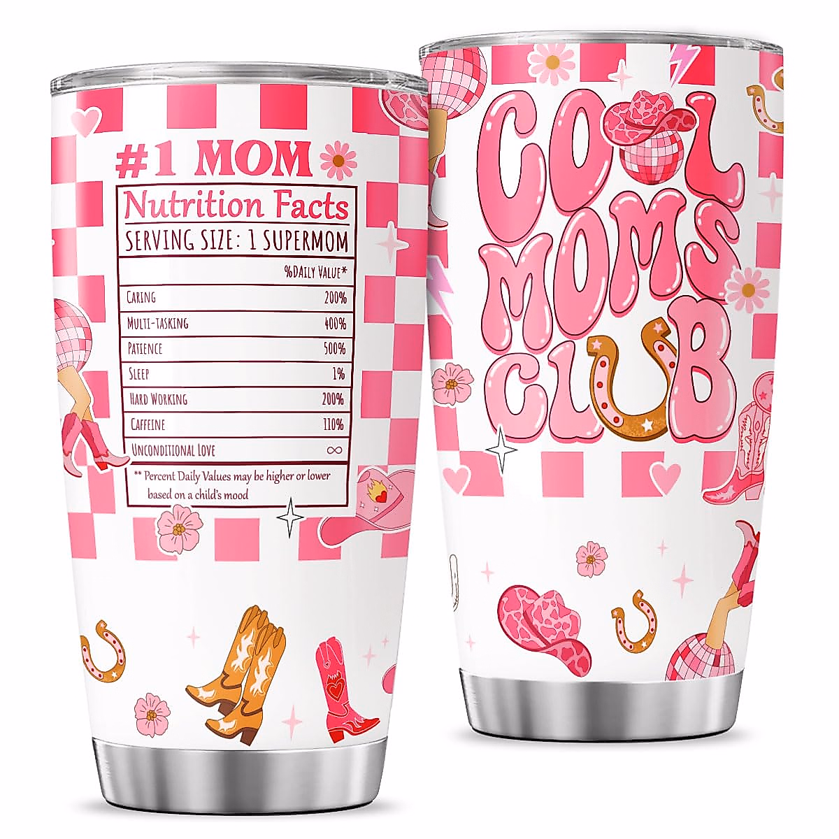 JENOIS Cool Moms Nutrition Facts, Tumbler 20 Oz With Lid And Straw, Mom Simply Checkered Simple Handle Stainless Women Water Funny Mama Day Steel Hot, Cool Moms Club Gifts
