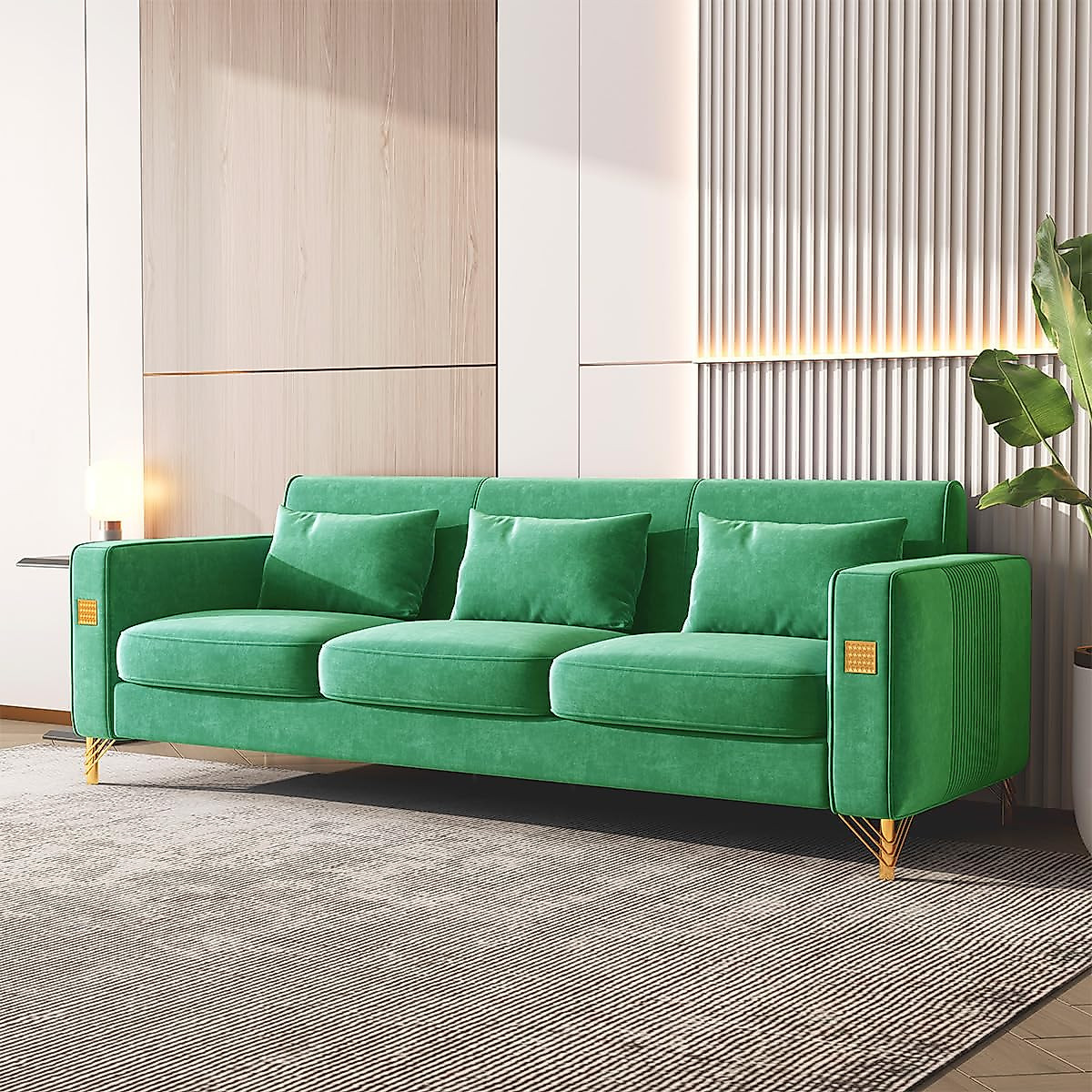 YiaFurio Luxury 3 Seater Sofa Modern Vlevet Couch with Comfortable Armrest & Golden Metal Legs,Comfy Couches with Deep Seat,86.61 Inch Sofas for Living Room Bedroom