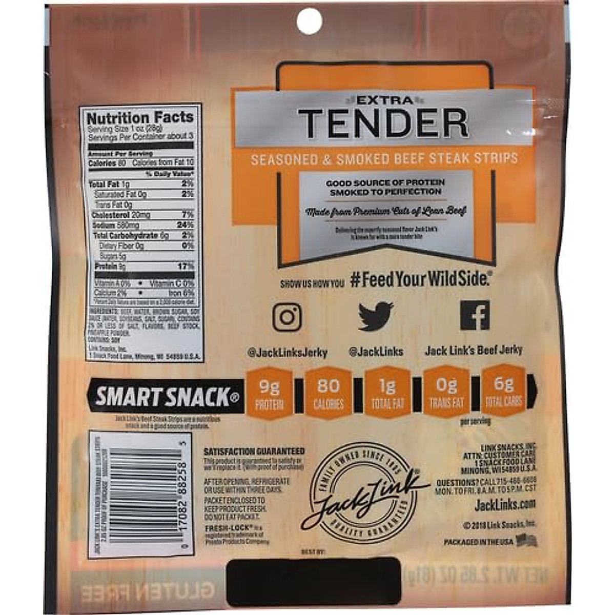 Jack Link’s Extra Tender Beef Jerky Steak Strips, Teriyaki, 2.85 oz – Flavorful Meat Snack, 9g of Protein and 80 Calories, Made with Premium Beef - Gluten Free and No Added MSG or Nitrates/Nitrites