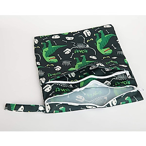 Sigzagor Wet Bag Baby Cloth Diaper Nappy Bag Reusable With Two Zippered Pockets Boys (Green Dinosaur)