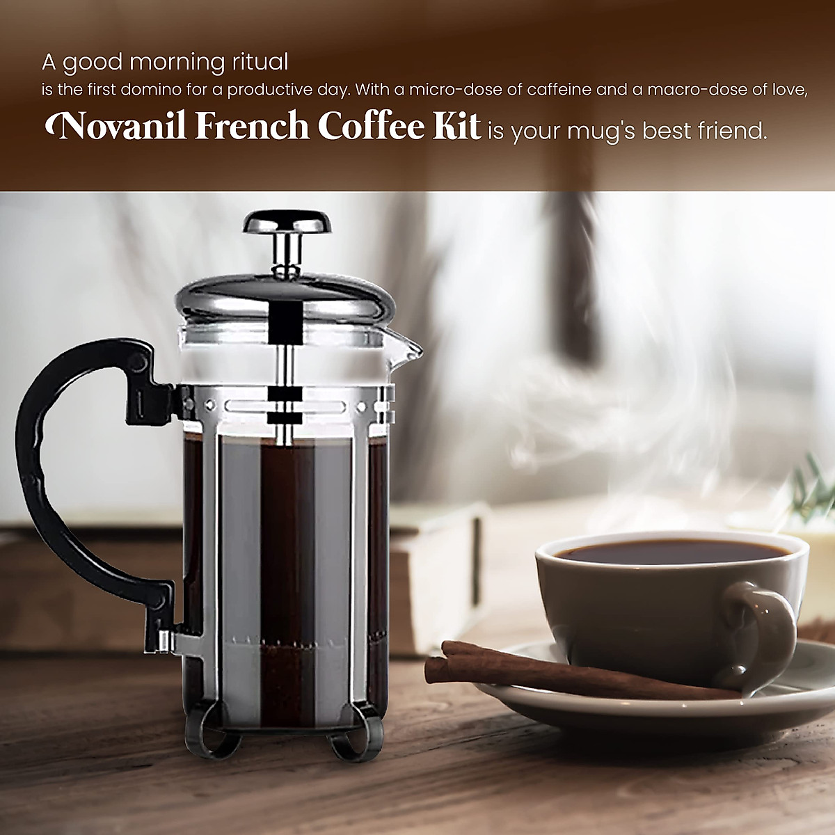 NOVANIL FRENCH COFFEE KIT - ANTIQUE STYLE COFFEE SET, FRENCH PRESS & HEAT-RESISTANT GLASS POT, WOODEN MANUAL COFFEE GRINDER & GIFT BOX