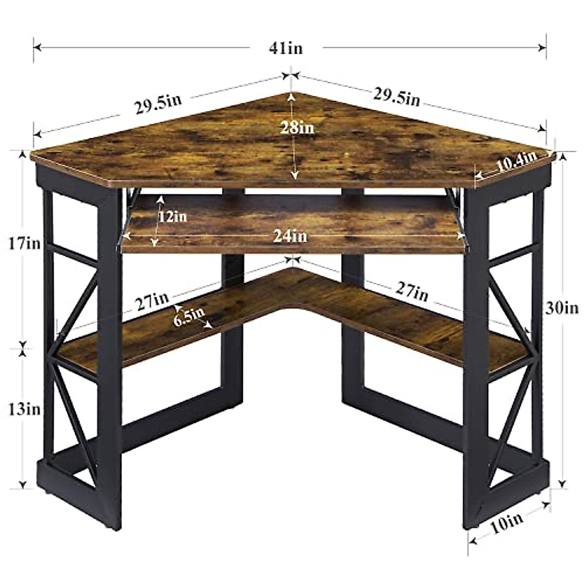 VECELO Corner Computer Desk Writing Smooth Keyboard Tray & Storage Shelves,Compact Home Office Triangle Table, Antique Brown