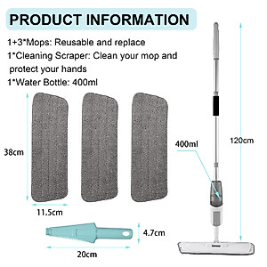 Spray Mop for Floor Cleaning, 360Rotatable Mop with 4 Washable Pads, Refillable Spray Bottle and 1 Scraper, Flat Mop for Home Kitchen Hardwood Laminate Wood Ceramic Floor Cleaning,White