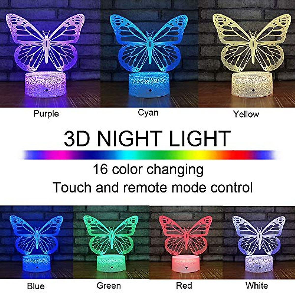 Butterfly Night Light, Birthday Gift for Girls 3D Illusion Lamp Kids Bedside Lamp with 16 Colors Changing Remote Control Butterfly Toys Girls Gifts (Butterfly)