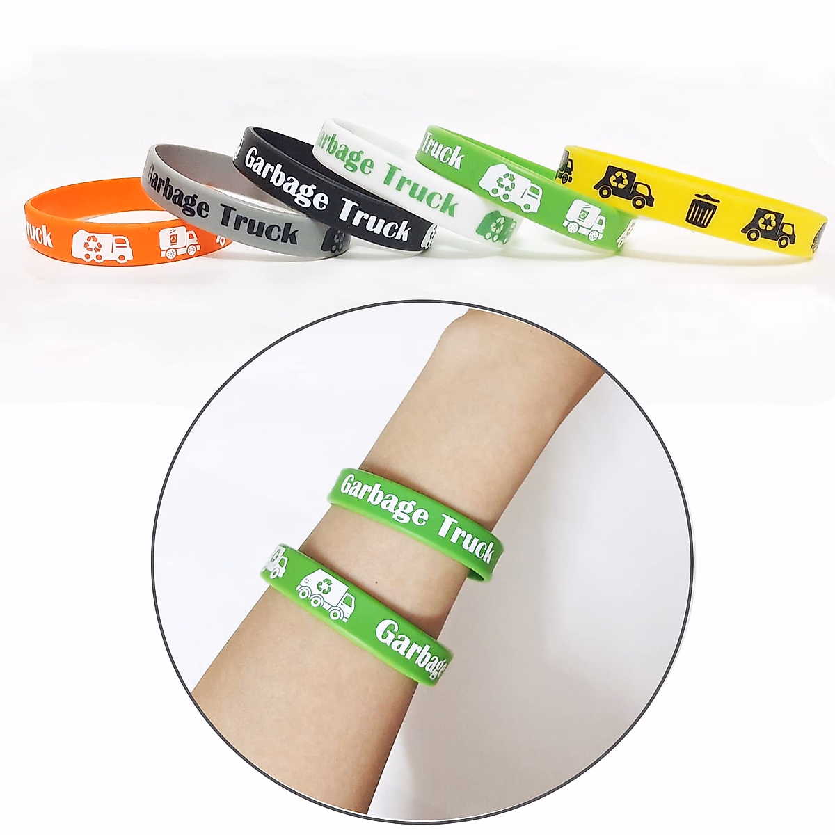 ATSMOICY 24 Garbage Truck Themed Party Silicone Wristband Bracelets Rubbish truck Themed Baby Shower Birthday Waste Management Recycling Party Supplies Decorations Favors Rubber Bracelet