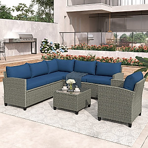 5 Piece Patio Furniture Outdoor Conversation Set Resin Wicker Cushioned Sectional Sofa with Coffee Table and Single Chair Blue Modern Contemporary Rattan Removable Cushions