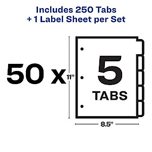 Avery 5-Tab Binder Dividers, Easy Print & Apply Clear Label Strip, Index Maker, White Tabs, 50 Sets (11556)