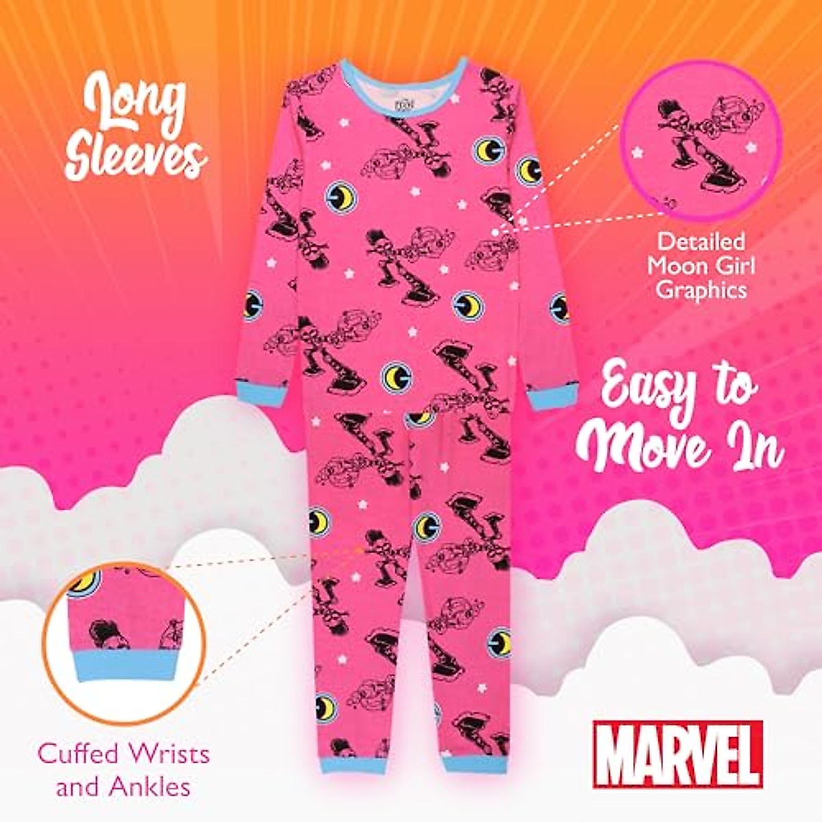 Marvel 4-Piece Snug-fit Cotton Superhero Pajama Set, Soft & Cute for Kids, Cool Moon Girl, 10