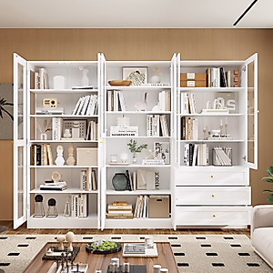 Homsee Tall Bookcase Bookshelf with Glass Doors & Countertop, Wooden Storage Cabinet with 3 Drawers, Display Cabinet for Living Room, Home Office, White (94.5”L x 15.7”W x 70.9”H)