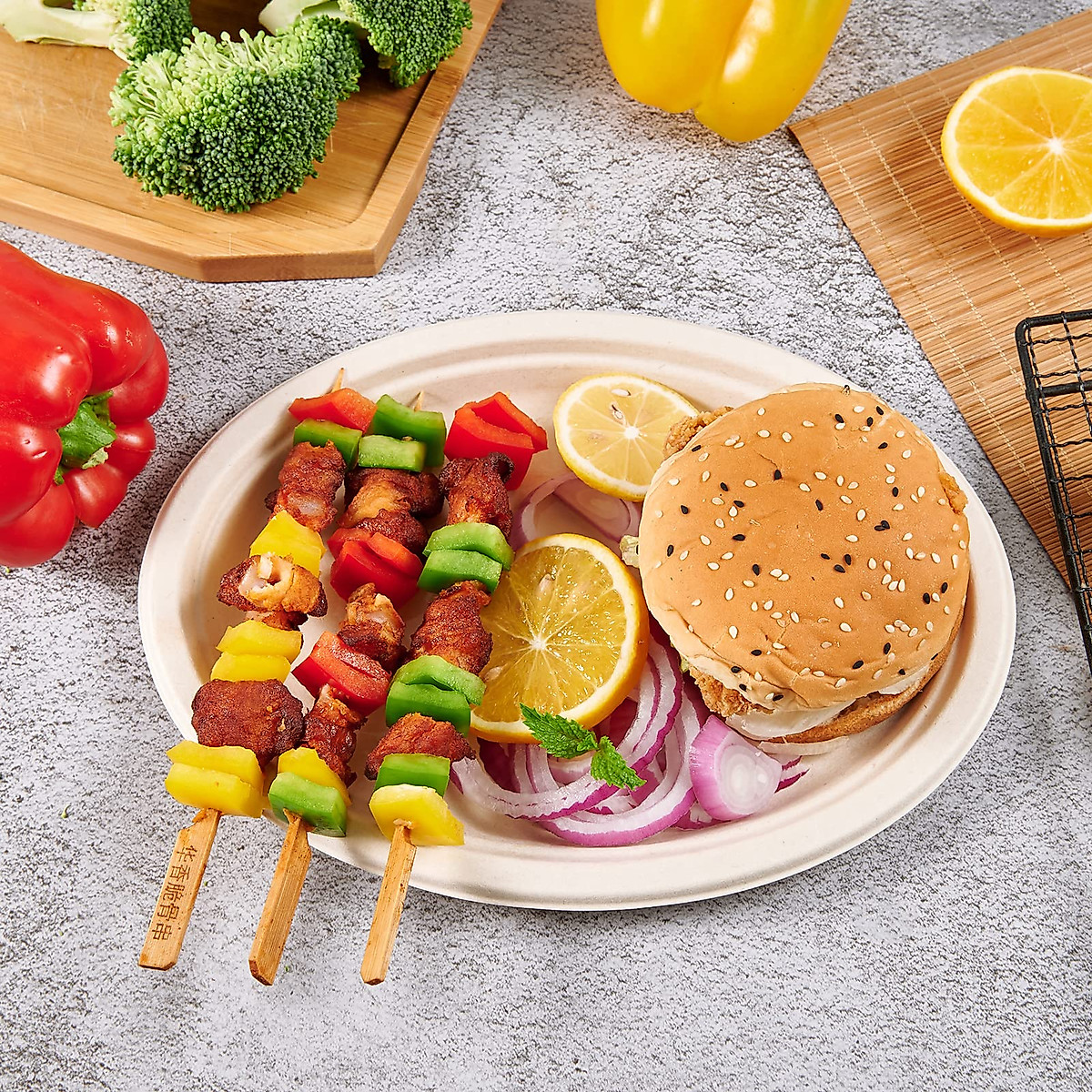 Vplus 100% Compostable Oval Paper Plates 12 inch 120 Pack Super Strong Disposable Dinner Plates Natural Biodegradable Eco-Friendly Sugarcane Plates for BBQ, Party, Gathering, and Picnic