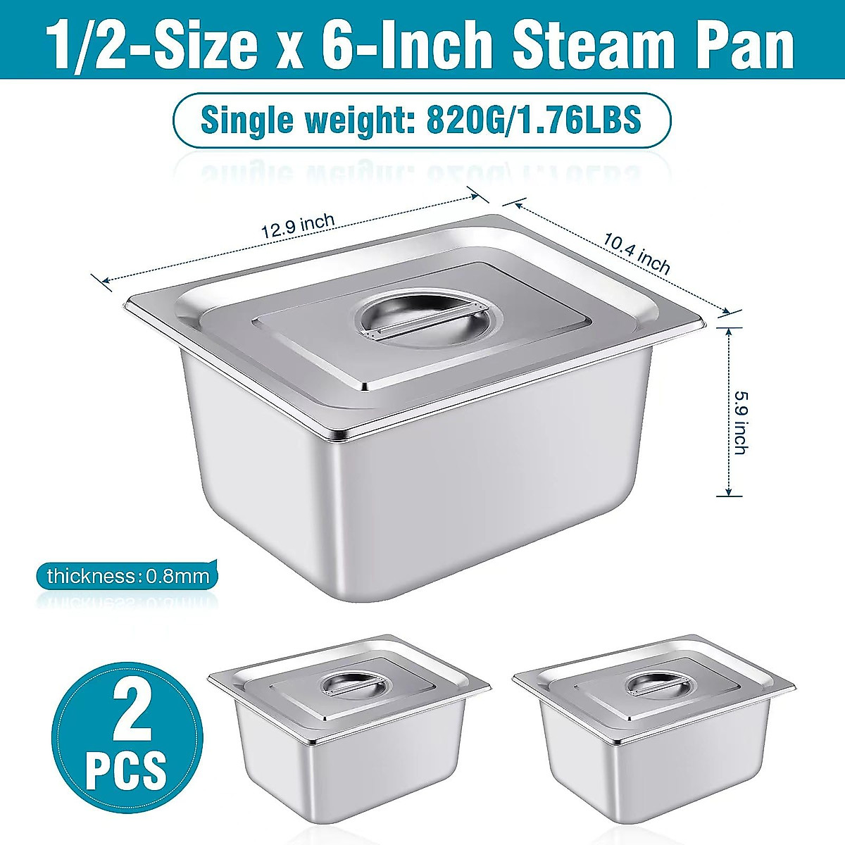 2 Pcs 1/2 Size x 6 Inch Deep Half Size Steam Table Pans Stainless Steam Hotel Pan with Lid Restaurant Supplies Food Pans for Home, Party, Buffet