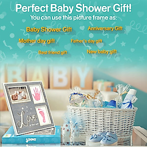 1Dino Premium Baby Handprint and Footprint Kit - 12.6” x 12.2" White/Grey Wood Picture Frame - Includes 2X Clean Touch Ink Pad Pink for Baby Hand and Footprints - Registry for Baby, Baby Shower Gifts