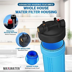Max Water 3 Stage (Coastline Houses, Cottage, Farm, Well & Underground Water) 20 inch Water Filtration System for Whole House - Sediment + Iron Manganese + CTO Post Carbon - 1" Inlet/Outlet