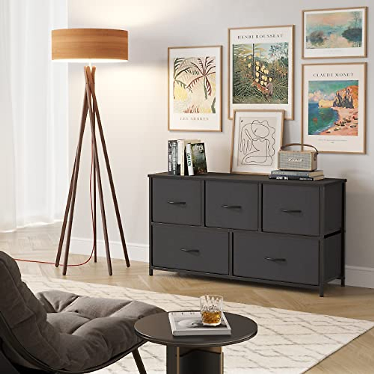 Cubiker Dresser Storage Organizer, 5 Drawer Dresser Tower Unit for Bedroom Hallway Entryway Closets, Small Dresser Clothes Storage with Wide Sturdy Steel Frame Wood Top, Black Grey