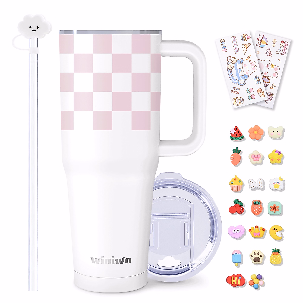 winiwo 40 oz Tumbler with Handle and Straw, D.I.Y Gift for Her, Stainless Steel Travel Mug, Iced Tea or Coffee, Insulated Tumbler with Stickers, Keeps Beverages Cold Up to 24 Hours