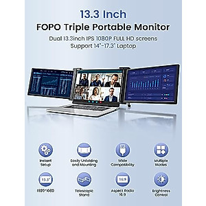 FOPO 13.3” Triple Laptop Screen Extender, FHD 1080P IPS Laptop Monitor Extender for 14”-17.3” Laptop, HDMI/USB-C Plug and Play Portable Monitor for Laptop -S16 Black