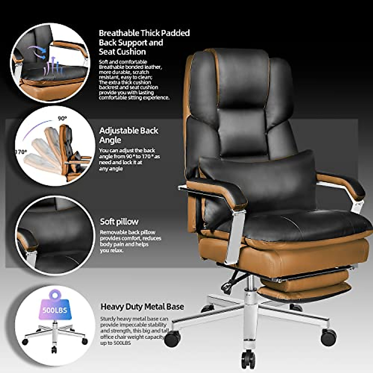SeekFancy Reclining Office Chair with Footrest O203, Big and Tall Office Chair 500lbs Wide Seat with 170° Backrest, High Back Large Executive Office Chair Lumbar Support，Black Leather Managerial Chair