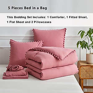 IHOUSTRIY Kid's Bedding Comforter Set Twin Size - Bed in a Bag Twin 5 Pieces for Teen Girls, Ball Pom Fringe Bedding Sets with Bed Comforter, Sheets, Pillowcases
