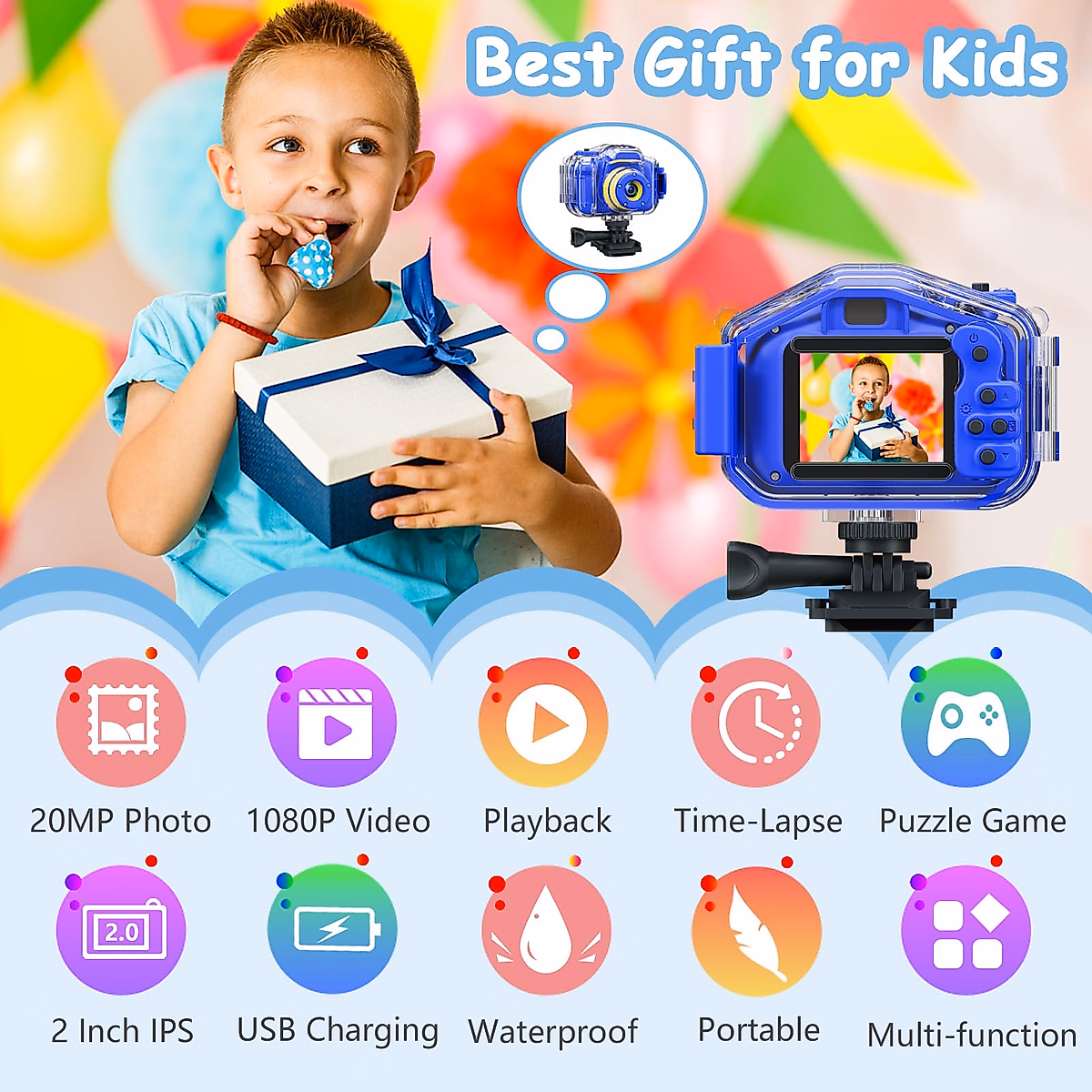 Agoigo Kids Waterproof Camera - Children Underwater HD Video Digital Camcorder, Portable Travel Toy for Toddler - Ideal Christmas Birthday Gifts for Boys Girls Age 3-12 with 32GB Card (Dark Blue)