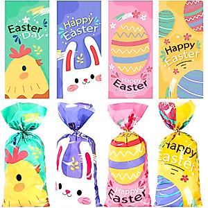 PINWATT 100Pcs Easter Cellophane Treat Bags with Ties, Easter Goodie Candy Gift bags for Kids Egg Hunt Game, Party favor Supplies, (4 Sweet Styles, 11"×5")